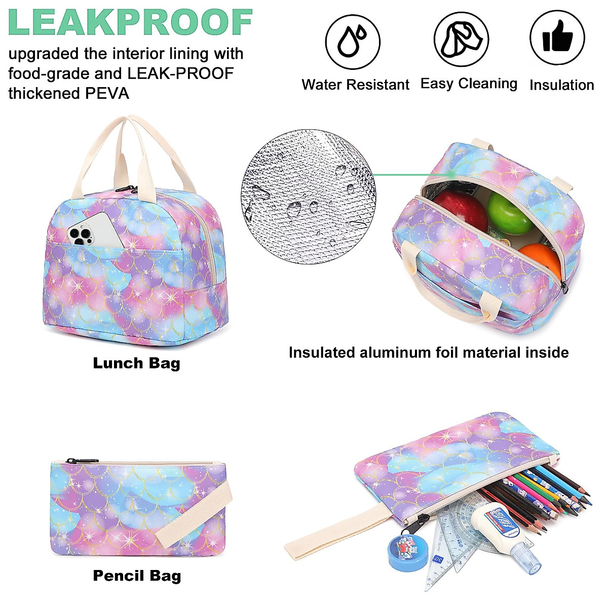 Dezcrab Mermaid Kids Backpack for Girls, Teens School Bags Bookbags Set with Lunch Bag Pencil Case