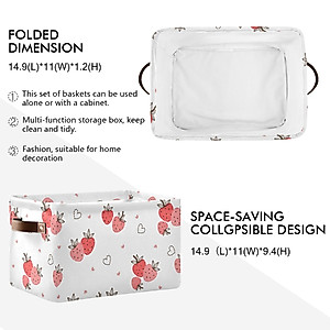 Qilmy Strawberry Pattern Storage Basket with Handles for Organizing, Collapsible Canvas Shelves Storage Bins for Home Closet Bedroom Living Room