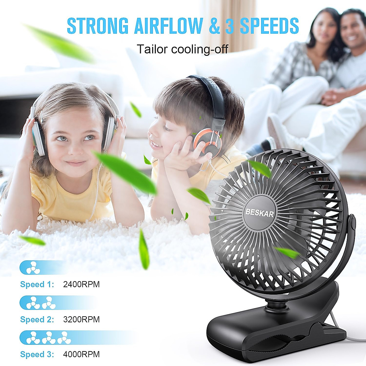 BESKAR 6 Inch Clip on Fan, 3 Speeds Small Fan with Strong Airflow, Clip & Desk Fan USB Plug in with Sturdy Clamp - Ultra Quiet operation for Office Dorm Bedroom Stroller
