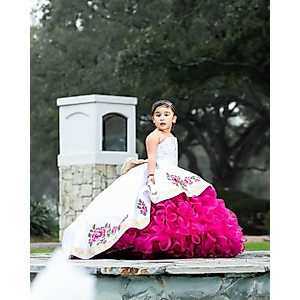 Hot Pink Floral Flower Patterns Ball Gowns for Toddler Infant Cupcake Flower Girl Dresses for Wedding with Straps Gold Embroidery White Satin Ruched 6