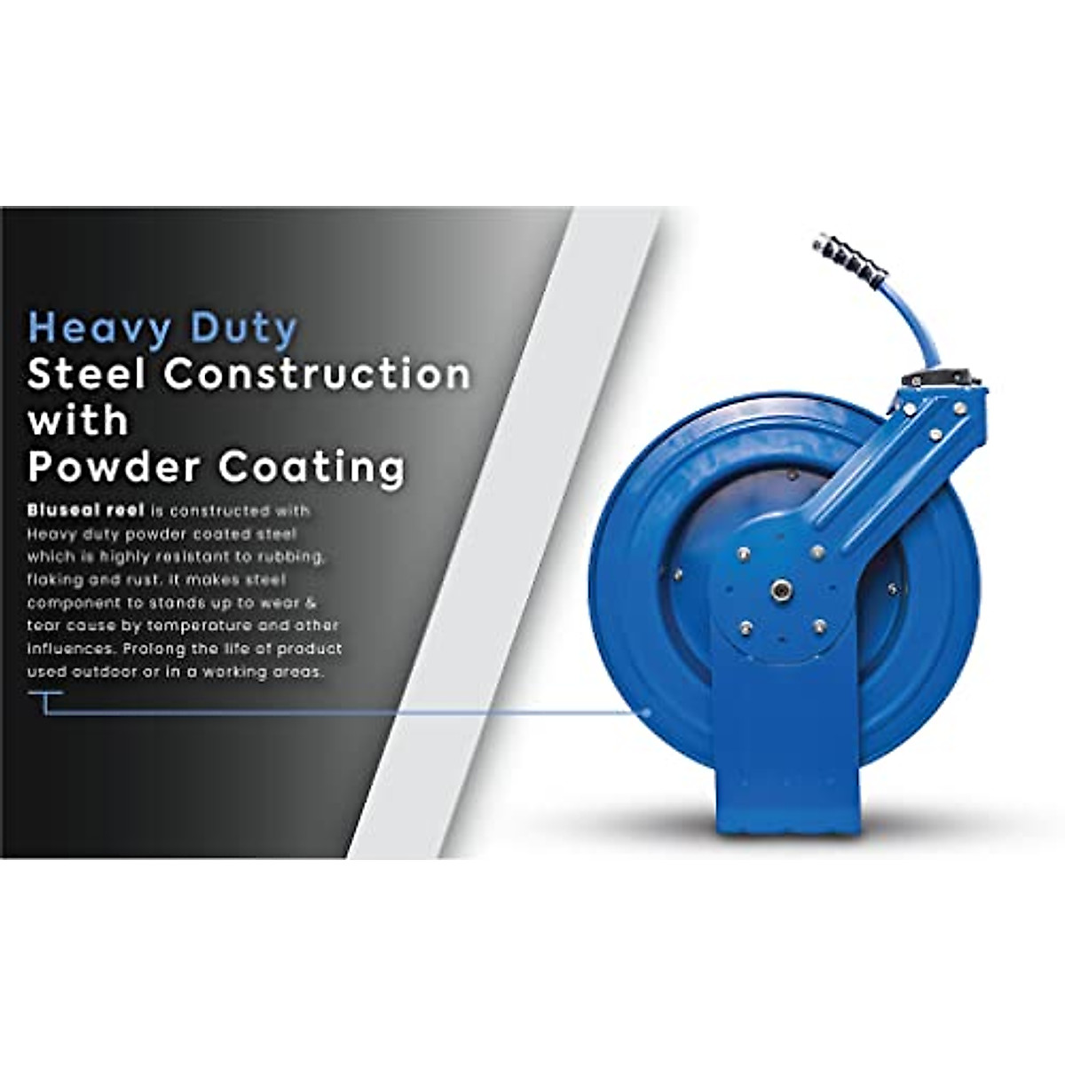 BLUSEAL BSWR5850 Retractable Hose Reel with 5/8" x 50' Hot Water Rubber Hose, 6' Lead-in, 500 PSI, Brass Fittings, Swivel Mount Hose Reel, 9 Pattern Spray Nozzle