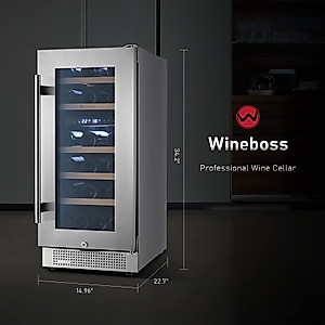 WINEBOSS 15" Wine Cooler Refrigerator, 28 Bottle Seamless Stainless Steel Built-in Freestanding Wine Fridge Double-Layer Tempered Glass Door with Lock, Under Counter Wine Cellar