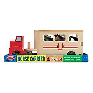 Melissa & Doug Horse Carrier Wooden Vehicle Play Set With 2 Flocked Horses and Pull-Down Ramp - Horse Figures, Wooden Horse Trailer Toy For Kids Ages 3+