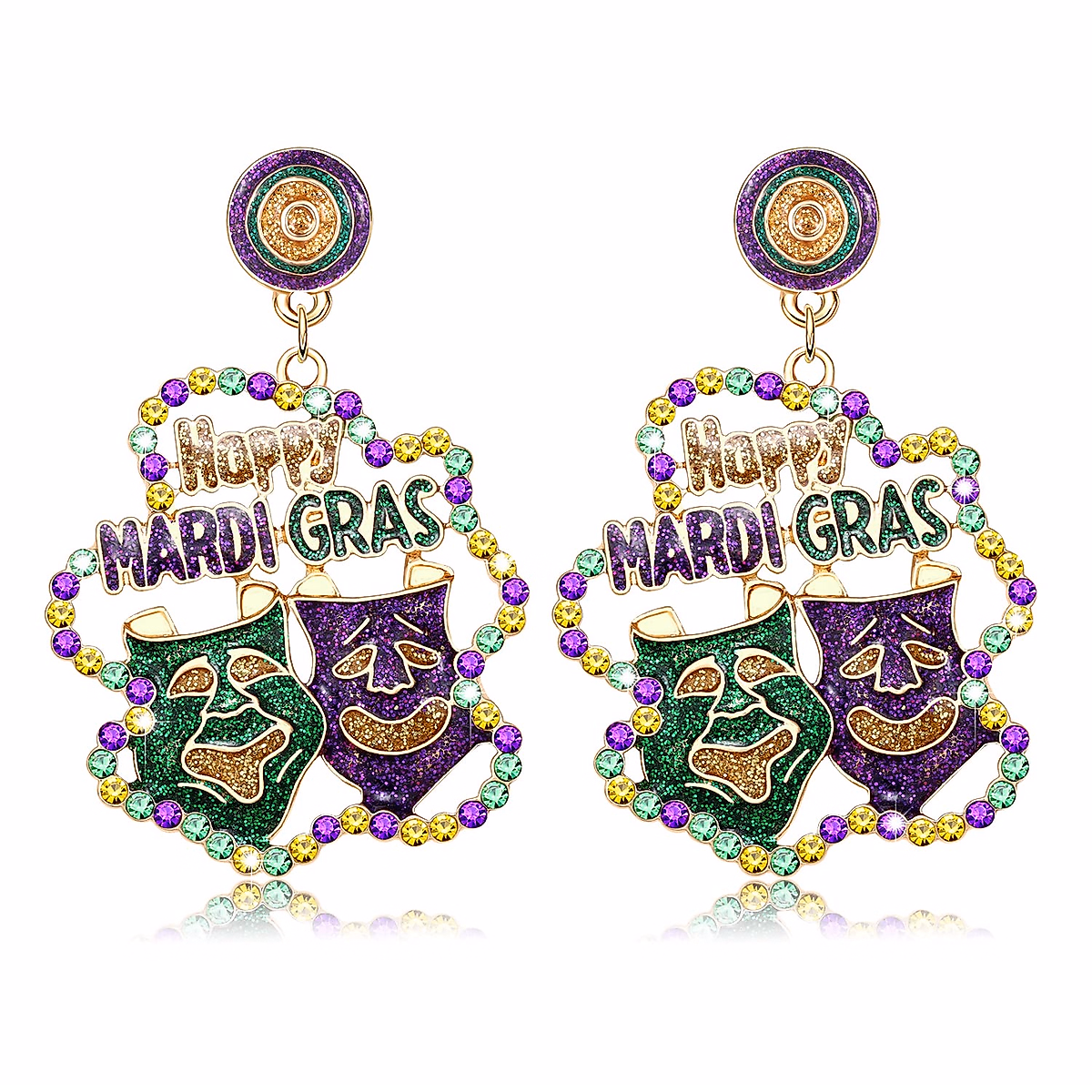 Mardi Gras Earrings Glitter Fleur De Lis Mask Dangle Earrings Sparkly Rhinestone Bead Happy MARDI GRAS Skull Dangling Earrings Hypoallergenic Carnival Parade Party Festive Earrings Jewelry for Mardi