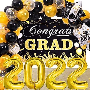 MOMOHOO Graduation Party Decorations 2022 - 47Pcs Class of 2022 Graduation Decorations, Graduation Congrats Grad Backdrop Banner/2022 Balloon/Black and Gold Confetti Balloon, Graduation Party Supplies