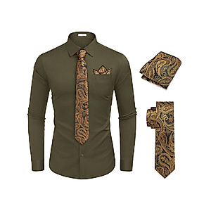 COOFANDY Men's Dress Shirt Wrinkle Free Dress Shirts with Matching Tie Army Green