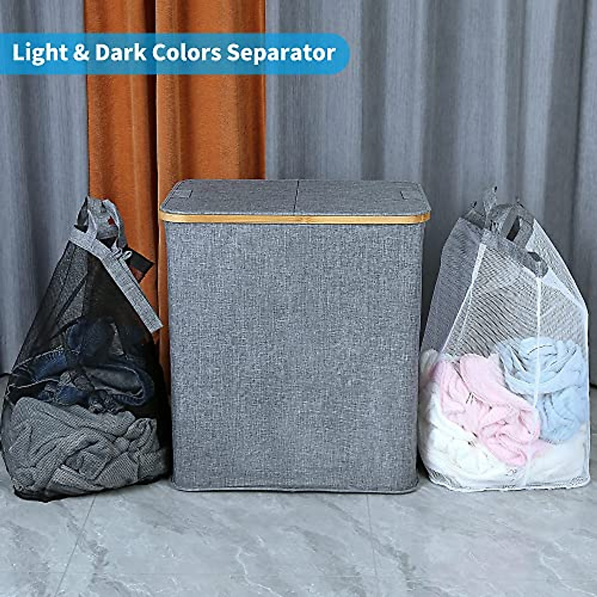 efluky Double Laundry Hamper with Lid, Divided Laundry Hamper with Removable Bags, 2 Section Dirty Clothes Basket with Handles for Bathroom, Bedroom & Laundry Room, 140L Blue-Grey