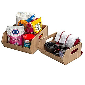 MobileVision XL Bamboo Storage Bins for Pantry & Kitchen Cabinet Organizer Multi-Purpose 2 PC Stackable Set Larger Bins for Potatoes Onions Packaged Goods & More