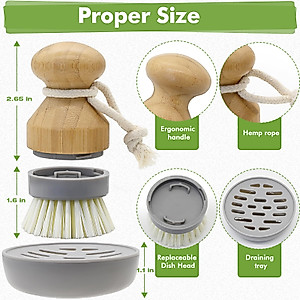 Bamboo Dish Brush, 2 Pack Bamboo Dish Scrub Brushes with Tray, Detachable Wooden Palm Brush for Cleaning Pots, Pans, Dishes, Sink and Vegetables