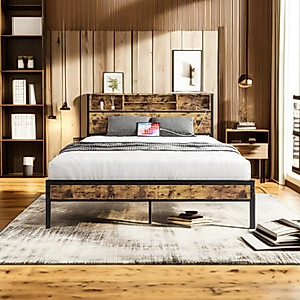MegaChunk Queen Bed Frame with Storage Headboard, Metal Platform Bed with Charging Station, Bookcase Storage, No Box Spring Needed, Easy Assembly, Noise-Free, Black