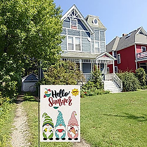 Hello Summer Garden Flags, Welcome Gnomes Buffalo Plaid Vertical Double Sized Burlap Flag for House Yard Outdoor Decor 12.5 x 18 Inch (Multi)