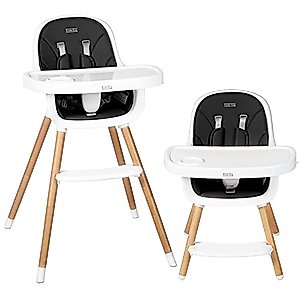 Kinder King 3 in 1 Convertible Baby High Chair, Wooden Highchair w/Double Removable Tray, Infant Feeding Chair-Toddler Chair, Adjustable Legs, Detachable Footrest & PU Cushion, 5-Point Harness, Black