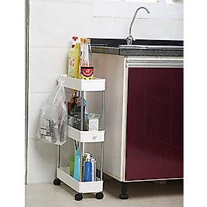 3 Tier Slim Storage Cart, Mobile Narrow Rolling Cart with Wheels, Conveniently Slide Out Organizer Shelf Cart for Kitchen Bathroom Pantry Laundry Narrow Space - Plastic (White)