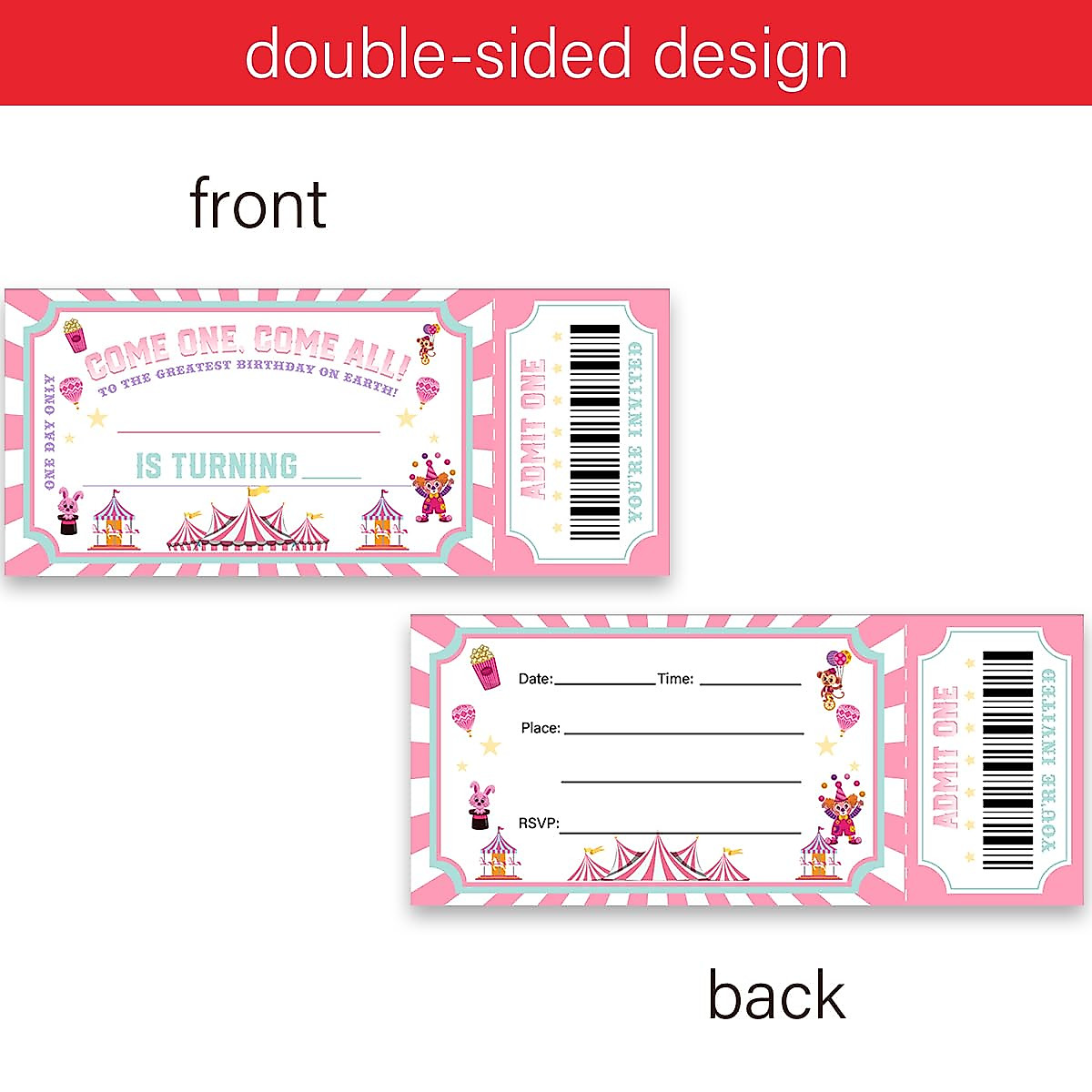 LyoGao 20 Pack Carnival Birthday Party Ticket Invitations With Envelopes Pink Carnival Circus Birthday Party Invitations Fill in Invites (Ticket Style)