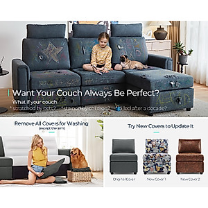 LINSY HOME Modular Sectional Sofa, Upgraded High Back Sectional Couch with 4 Headrests, U Shaped Sofa Bed with Storage, Sofa Covers Removable, 7 Seat Couch with Ottoman for Living Room, Dark Grey