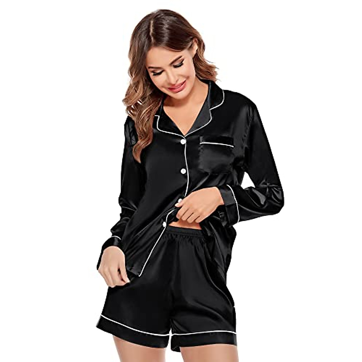 SWOMOG Womens Silk Satin Pajamas Long Sleeve Loungewear Two-piece Sleepwear Button-Down Pj Set Black