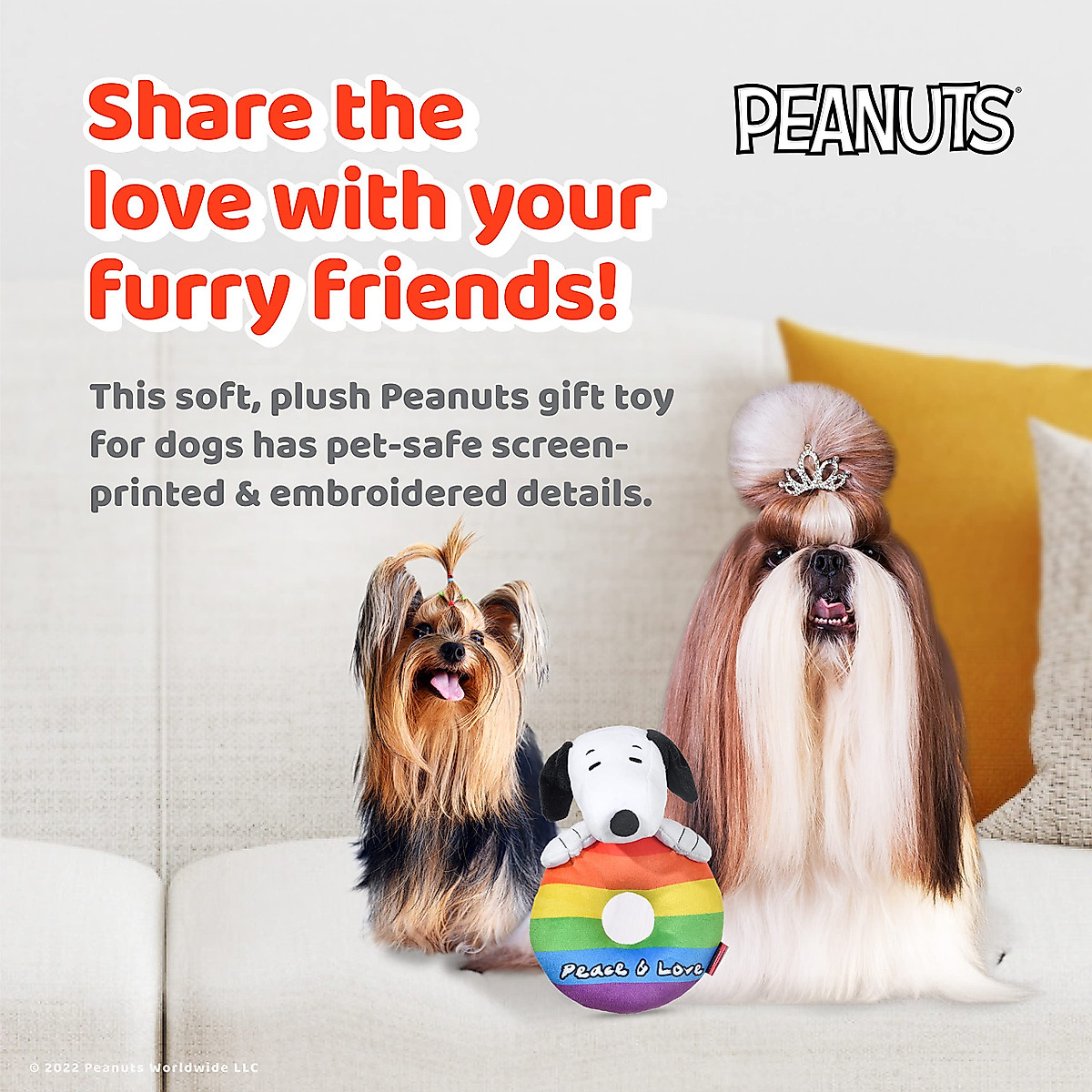 Peanuts: 8" Snoopy Peace & Love Plush Ring Squeaker Pet Toy | Peanuts for Pets 8" Snoopy Love Squeaky Pet Toy | Peanuts Dog Toys, Snoopy | Love Gifts for Pets, Snoopy Rainbow Toys for Dogs