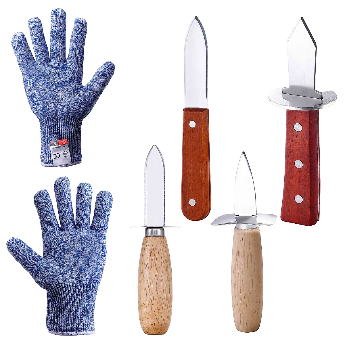 ModaSin Oyster Shucking Knives and Gloves Set, Oyster Clam Shucker Opener Opening Knife Kit, Set of 4 PCS Oyster Knives & 1 Pair of Gloves(XL)