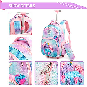 JSMNIAI Unicorn Rolling Backpack for Girls Backpack with Wheels Kids Trolley School Bags Trip Luggage with Lunch Box for Elementary Girls Travel Purple Suitcase