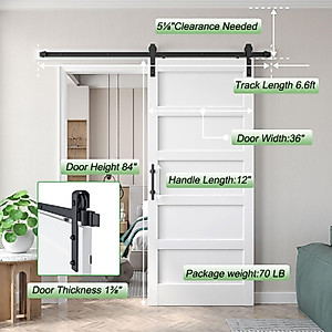 Fredbeck 36x84 inch White Barn Door with 6.6FT Sliding Door Hardware Kit Included & Handle,Solid,MDF,PVC Surface,DIY Assembly,5-Panel,Fit 33in-34in Opening