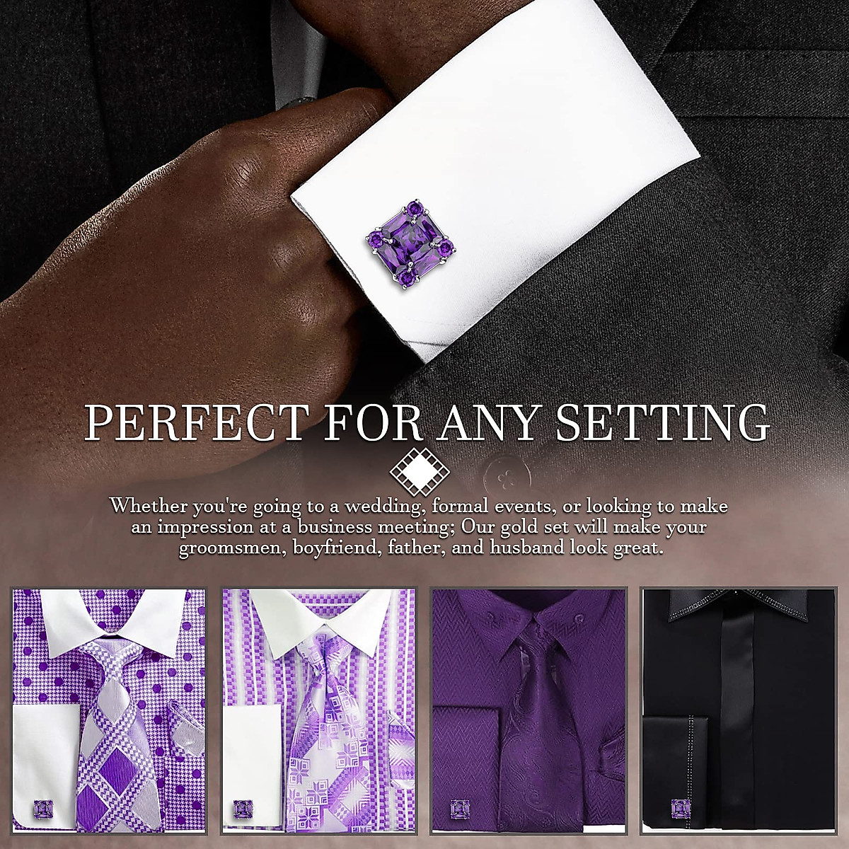 Shiny Cufflinks for Men's Fancy Shirt for Suit, in Gift Box, Matching with Solid Tie in Red White Black Blue Colors Easily, Designed by HAWSON