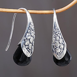 NOVICA Artisan Handcrafted Black Onyx Drop Earrings In Sterling Silver | Chalcedony Drop Earrings | French Wire Drop Earrings | Stone Dangle Drop Earrings | Black Agate Earrings | Onyx Dangle Earrings