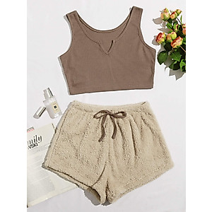 Verdusa Women's Notched Tank Top & Tie Front Teddy Shorts Lounge Pajama Set Multicolored S