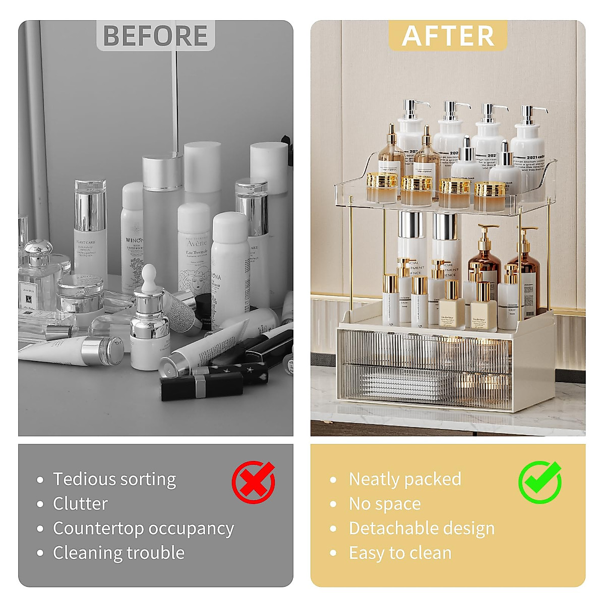 CISIREE Bathroom Countertop Organizer, 2 Tier 2 Drawer Large Skincare Organizers,Luxury Makeup Organizer Countertop,Exquisite Bathroom Vanity Organizer,Clear