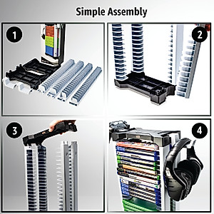 ADZ Universal Game Holder – 23 Game Storage Tower Rack for PS2 PS3 PS4 PS5 PSP Xbox 360 Xbox One Series X Wii Switch Games DVD and Blu-Ray Disks. Includes 2 Controller Mounts