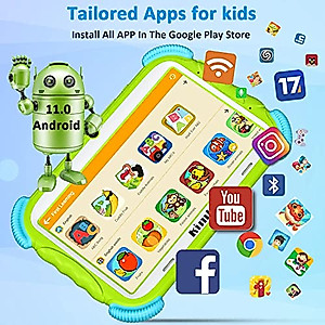 kimlok Kids Tablet Tablet for Kids，Android 11, 7 Inch 2GB+32GB, WiFi, Parental Control APP，Dual Camera, Bluetooth, Friendly Learning Tablets for Kids with Case Included for Boy and Girl Green
