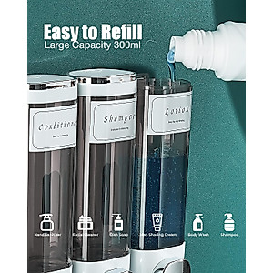3 in 1 Shampoo and Conditioner Dispenser wall, Shower Dispenser 3 Chamber No Drill, White Bathroom Soap Dispenser and Labels