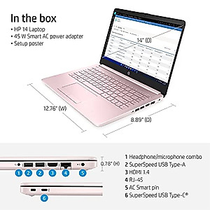 HP Premium 14-inch HD Thin and Light Laptop, Intel Dual-Core Processor, 8GB RAM, 64GB Storage, Long Battery Life, Webcam, Bluetooth, HDMI, Wi-Fi, Pink, Windows 11 + 1 Year Microsoft 365