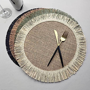 Placemats 4Pcs Jute Placemat Linen Fringe Holiday Round Table Mat Environmental Heat Insulation Non Slip Mat