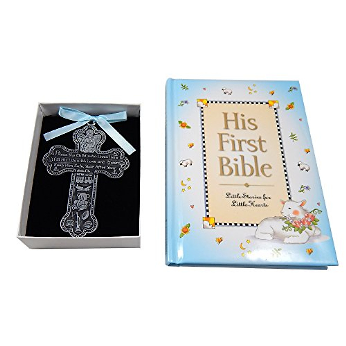 Baby Boy First Bible and 4" Pewter Baptism Guardian Angel Crib Cross (Original Version)
