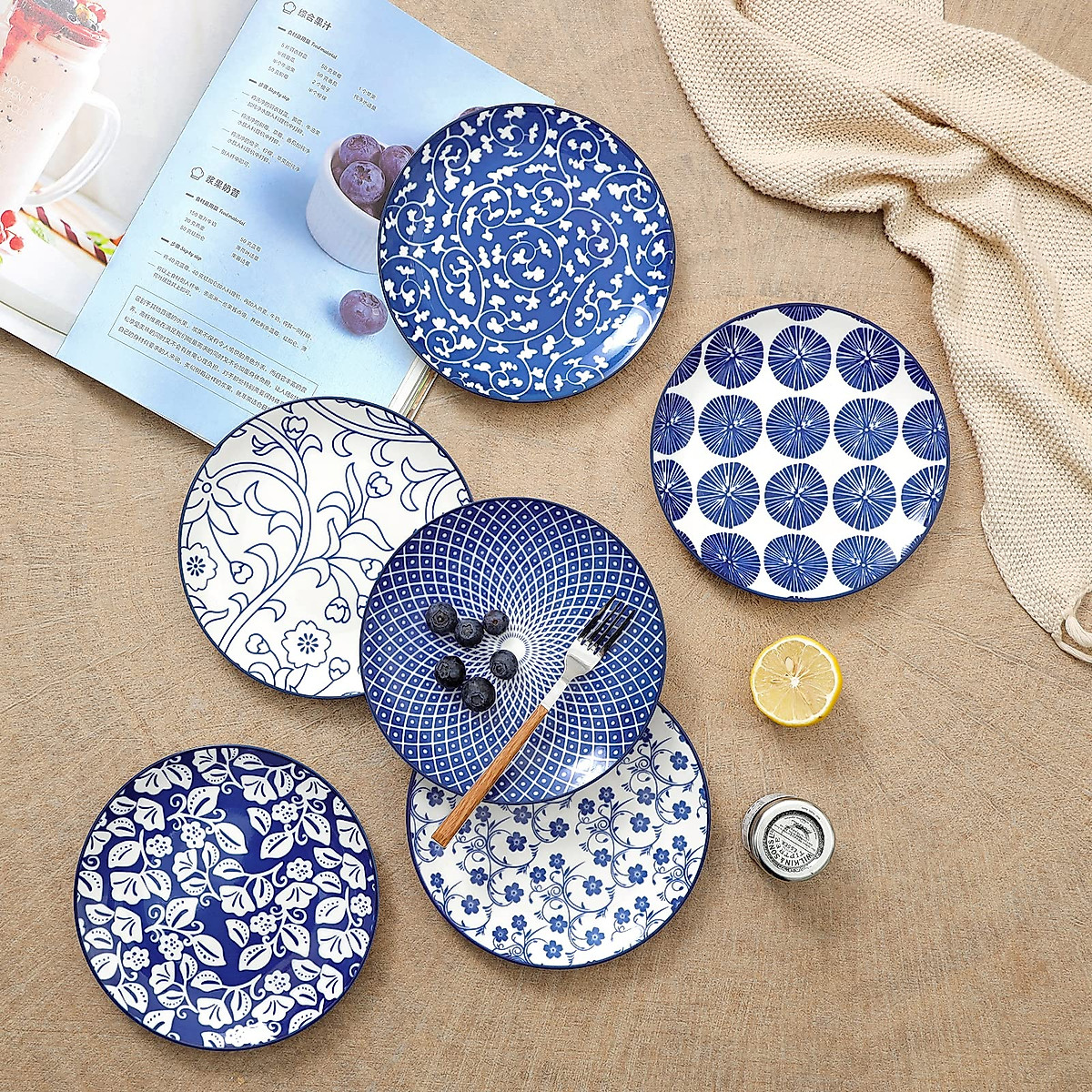 Selamica Ceramic Dessert Plates Set of 6, Small Salad Plates 6 Inch Appetizer Plates for Kitchen, Mini Dinner Plates for Cake Snacks Side Dish, Microwave Dishwasher Safe, Gift, Vintage Blue