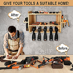 simesove Power Tool Organizer,Drill Holder Storage Wall Mounted with 6 Tool Organizer Slots, Wrench,Screwdriver and Circular Saw Storage,Solid Wooden Drill Charging Station