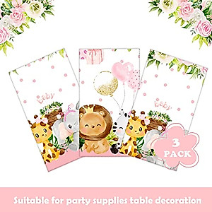 Safari Baby Shower Decorations for Girl Pink Jungle Tablecloth 3 Pieces Plastic Disposable Zoo Birthday Table Cover for Animal Theme Baby Shower Birthday Party Supplies(70×43 Inch)