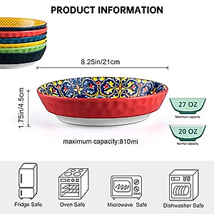 HENXFEN LEAD Pasta Salad Bowls Set of 6, Wide and Shallow Serving Dishes 27 Oz - 8 Inch Porcelain Soup Plates for Dinner, Kitchen and Eating - Bohemian style