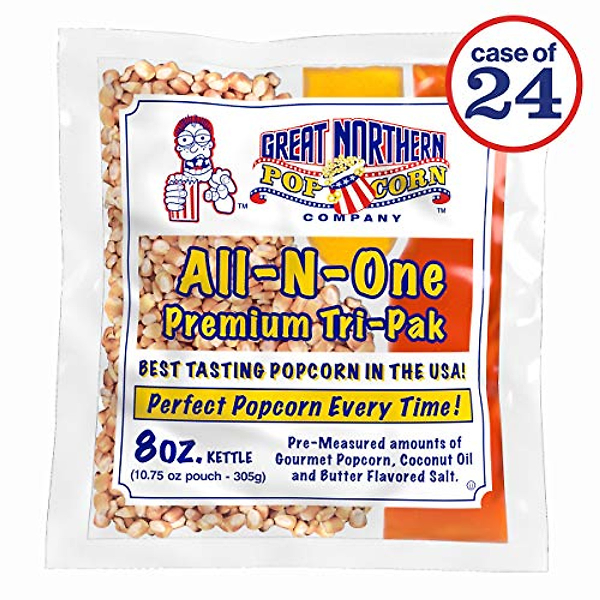 GREAT NORTHERN POPCORN COMPANY - Popcorn Packs, Pre-Measured, Movie Theater Style, All-in-One Kernel, Salt, Oil Packets for Popcorn Machines, 8 Ounce (Pack of 24)