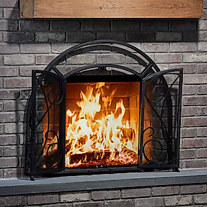 Uniflame Single Panel Black Wrought Iron Ornate Fireplace Screen with Doors