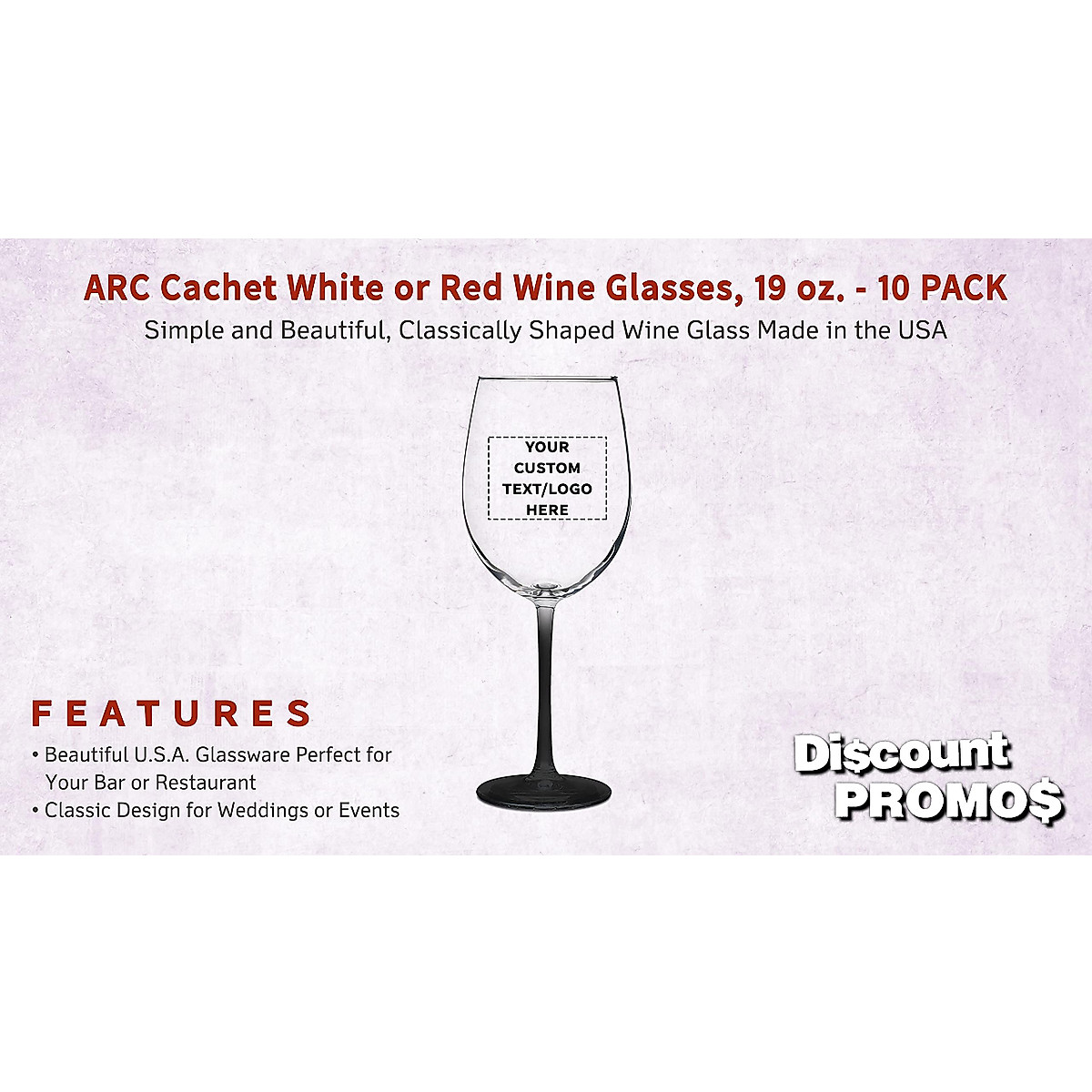 DISCOUNT PROMOS 10 ARC Cachet White Wine Glasses Set, 19 oz. - Customizable Text, Logo - Barware, Sturdy, Vibrant - Black