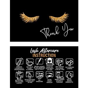 100 Pack English Lash Extension Aftercare Cards With Thank You Note, Size 3.5”x2” inches, fake eyelashes care cards with complete instructions, Black