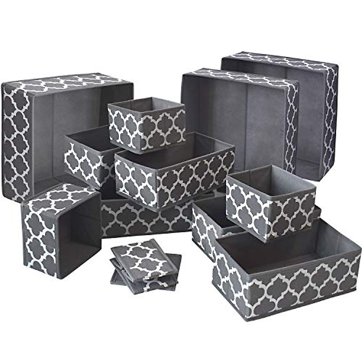 Dresser Drawer Organizers - Underwear Organizer Drawer Divider, Foldable Closet Dresser Storage Box Baskets Bins Containers for Bras Socks Lingerie Baby Clothing, Set of 12 (Grey Lantern Printing)