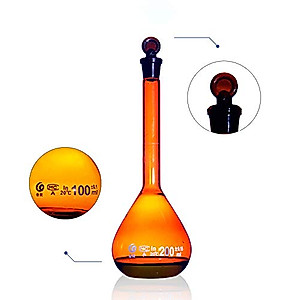 Volumetric Flask with Grinding Stopper, Amber, Class A, Capacity 200ml, Printed Blue Graduations & Marking Spot, Borosilicate Glass, Lab Glassware Kits (200ml)