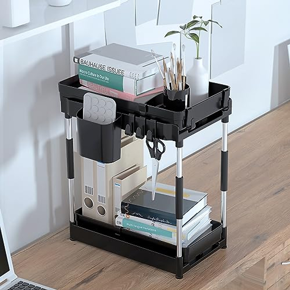 Double Sliding Under Sink Organizers and Storage - Adjustable 2 Tier Pull Out Under Cabinet Organizer Counter, Under Sink Storage for Bathroom and Kitchen, Multi-Purpose Organization and Storage Shelf