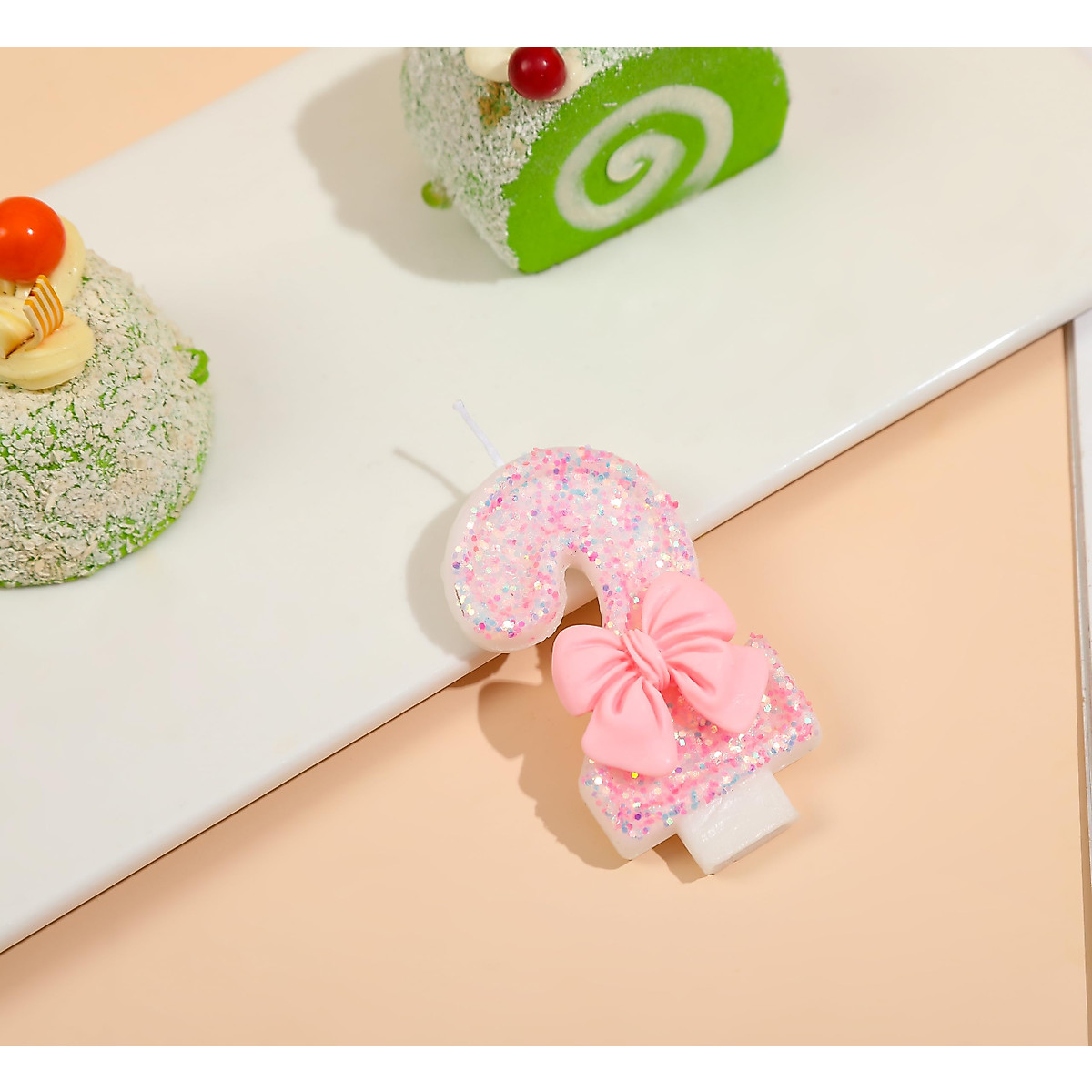 EAKE Number 2 Birthday Candle Pink Bowtie Glitter Number 2 Candle Birthday Girl Pastel Sweet Theme 2nd Birthday Party or Adults Milestone Age Decoration