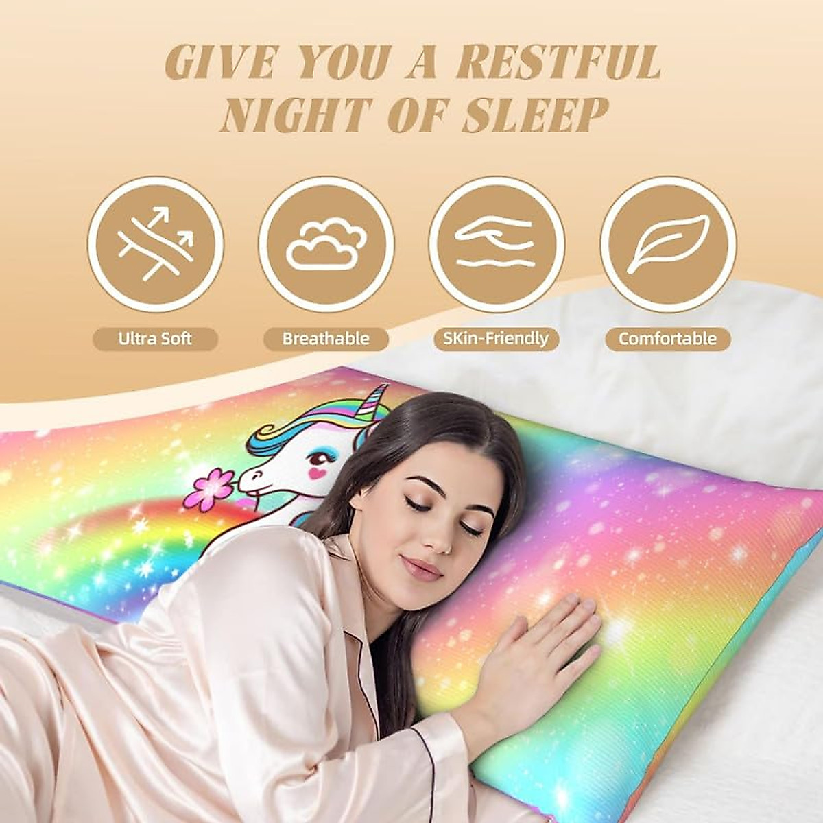 Rainbow Unicorn body pillowcase for Boys Girls Unicorn Cartoon Long Pillow Case Protector with Zipper Decorative Ultra Soft 20"x54"