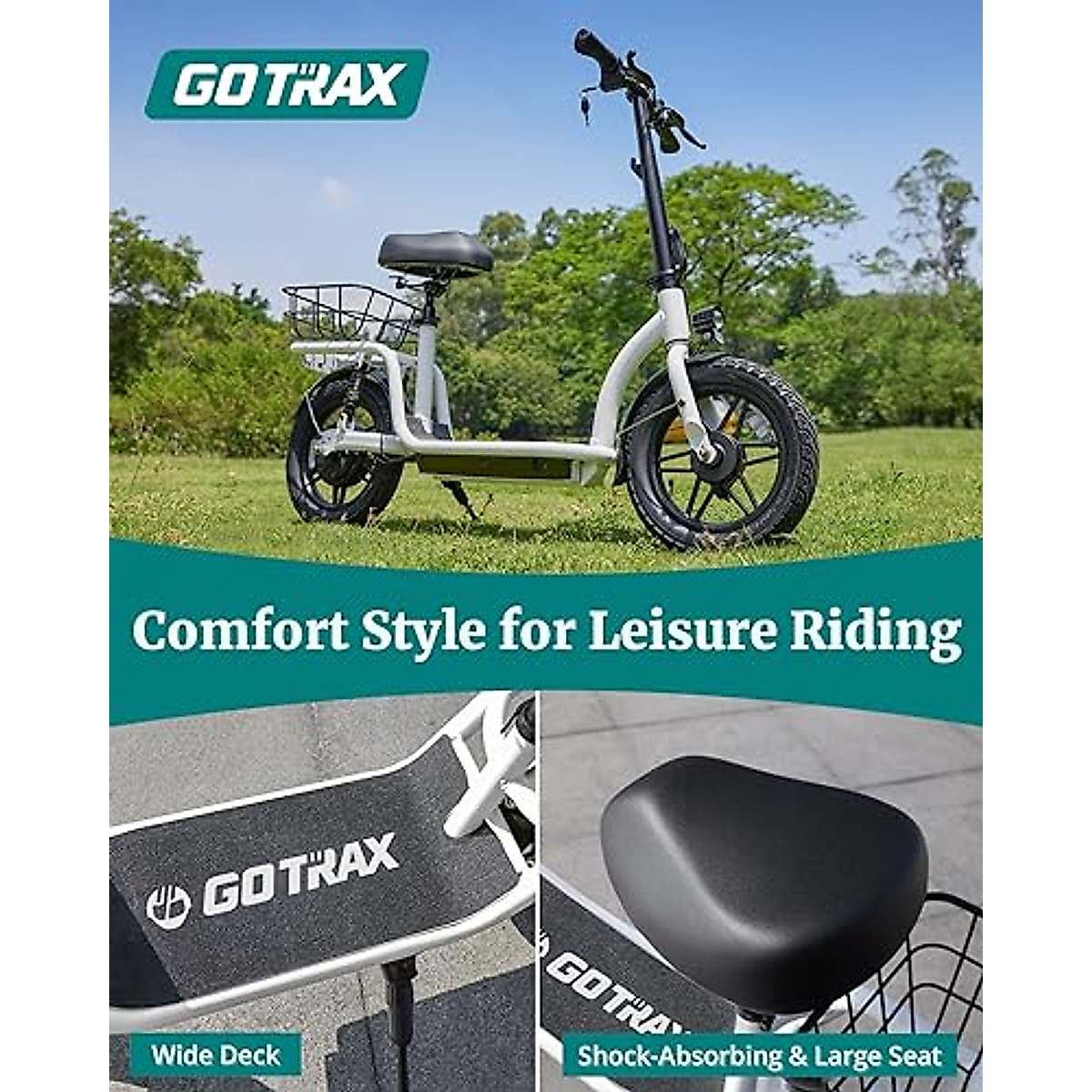 Gotrax Astro Electric Scooter with Seat, 14" Pneumatic Tire and 19 Miles Range&15.5Mph Power by 350W Motor, Comfortable Rear Dual Shock Absorption&Wider Seat, EBike with Carry Basket for Adult White