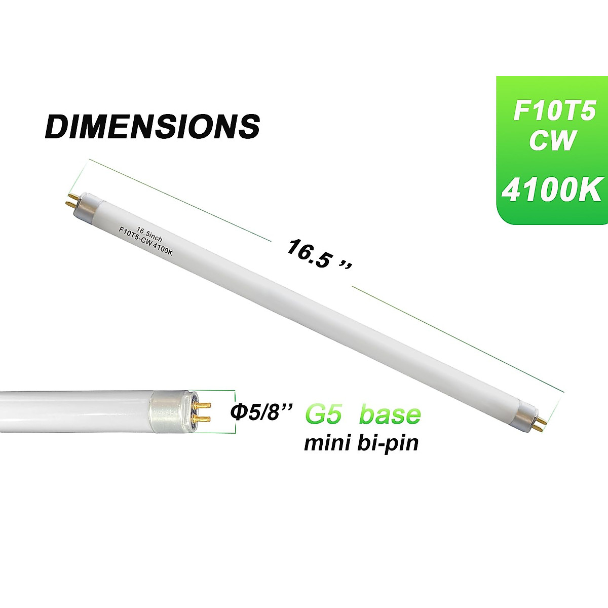 16inch F10T5 CW 10watt Fluorescent Bulb, 4100K Cool White Light, Replacement T5 10W 4200K Bright White Lighting Tube, 16.5" Overall Length (2pack)