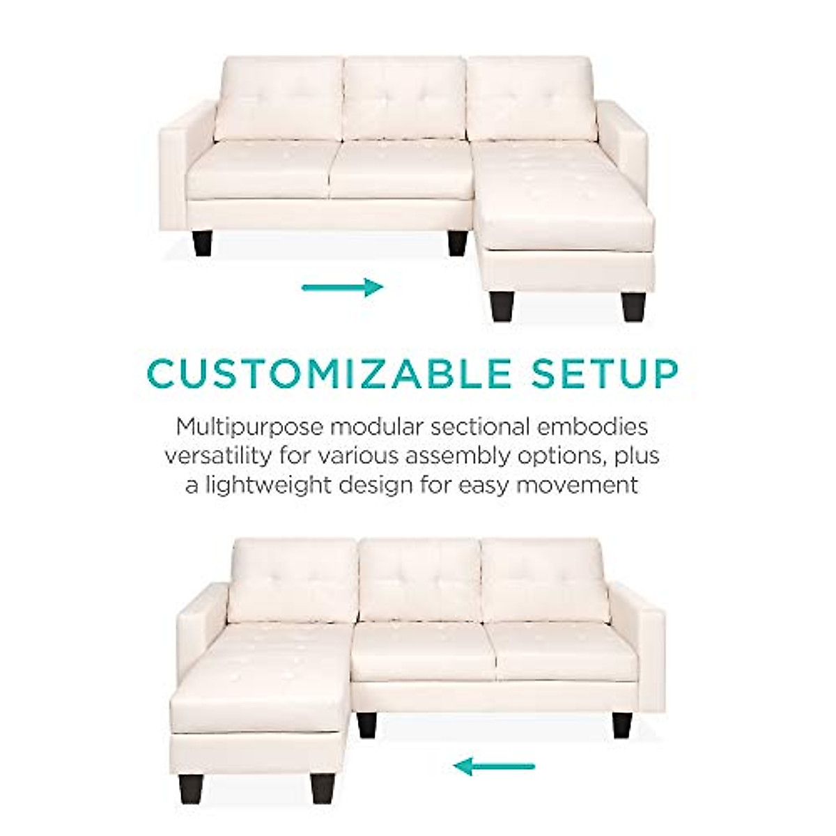 Best Choice Products Tufted Faux Leather 3-Seat L-Shape Sectional Sofa Couch Set w/Chaise Lounge, Ottoman Coffee Table Bench, White